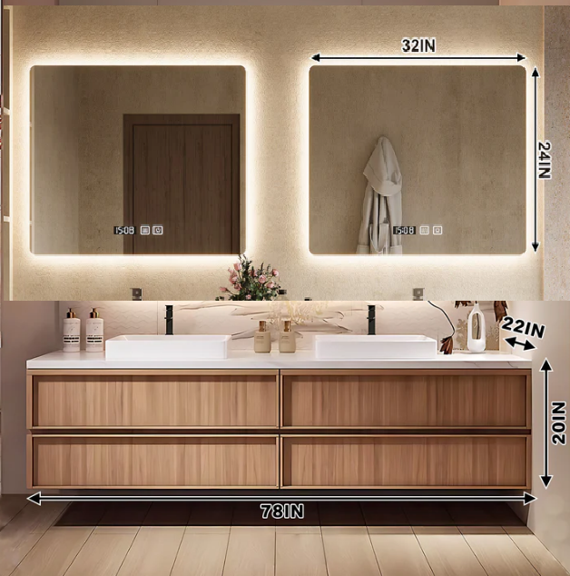 56"- 78" Floating Double Ceramic Sink With Led Lighting Smart Mirror ...