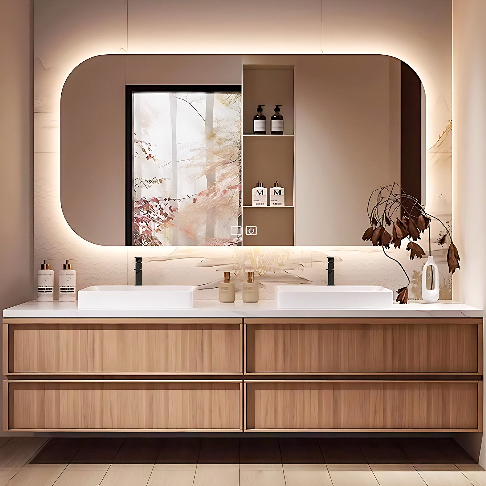 56"- 78" Floating Double Ceramic Sink With Led Lighting Smart Mirror ...