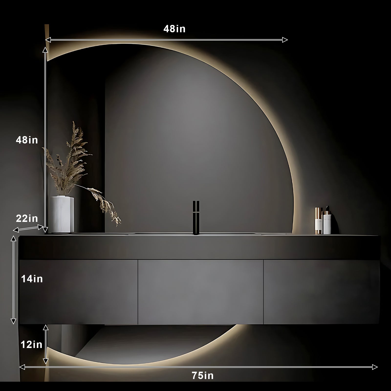 40"- 60" Wall Mounted With Single Sink and Faucet Round Mirror – High QLO