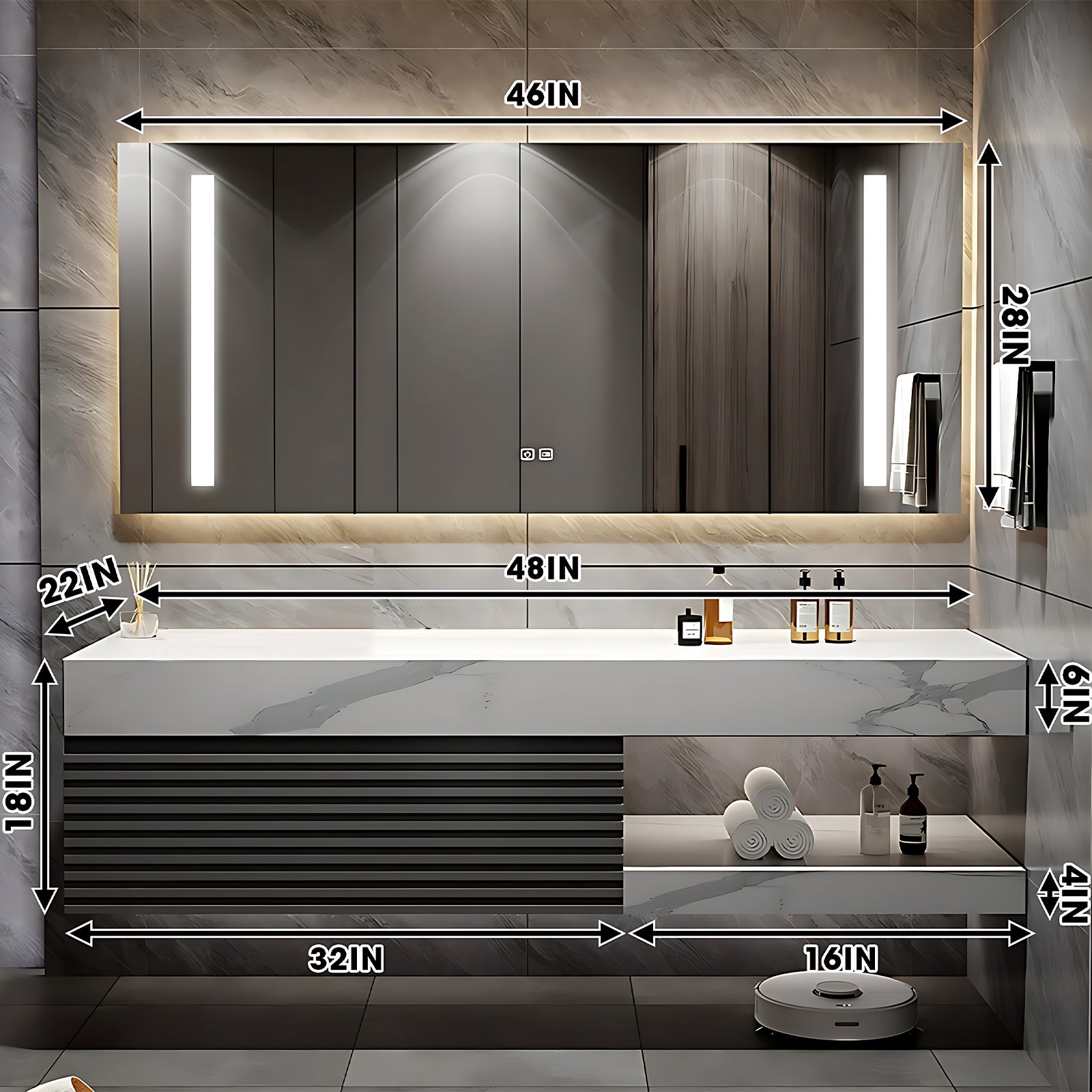 40"- 72" Floating Bathroom Vanity Set with Illuminated Mirror and Sink ...