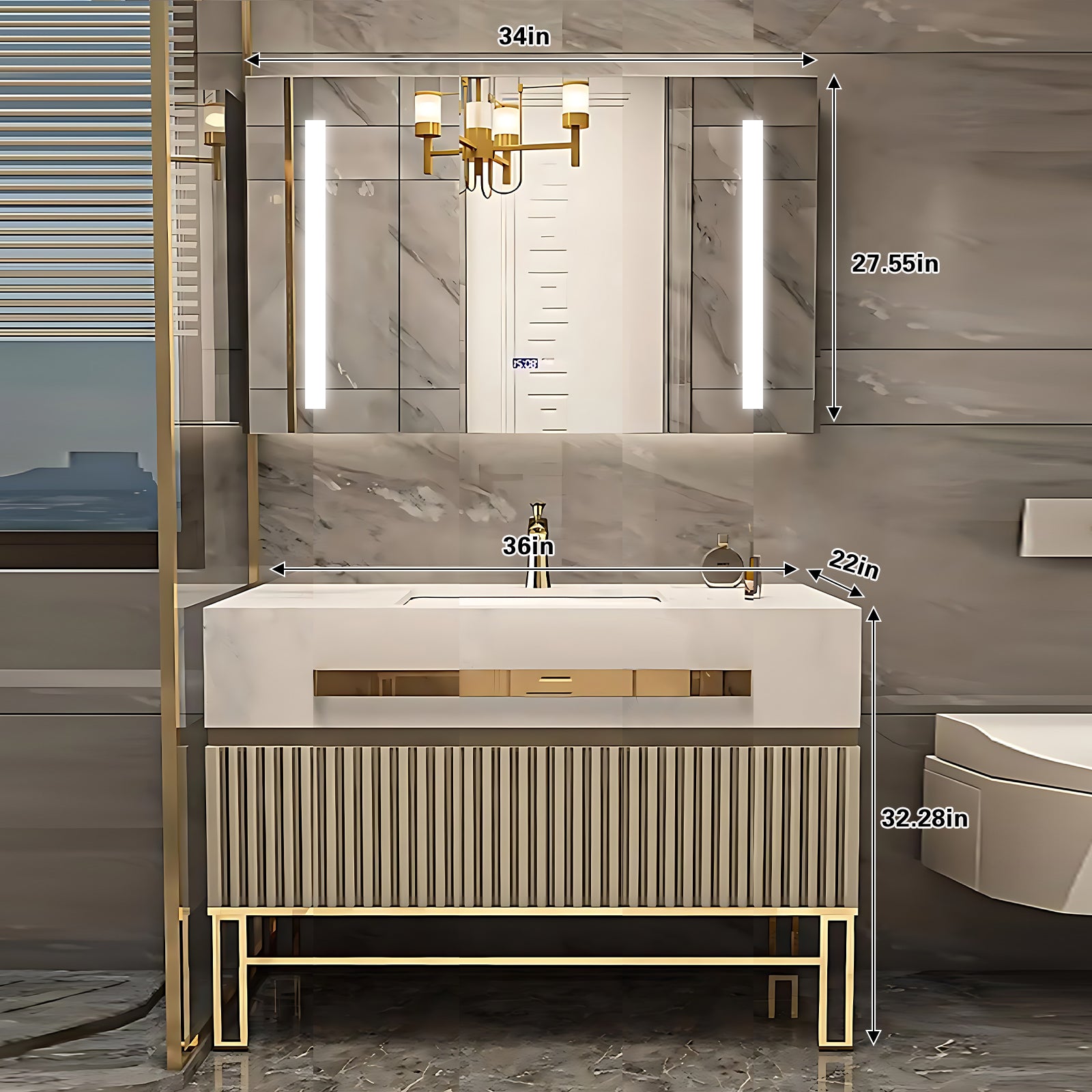 36"- 48" Freestanding Gold Bathroom Vanity Set with Smart LED Light Ca ...