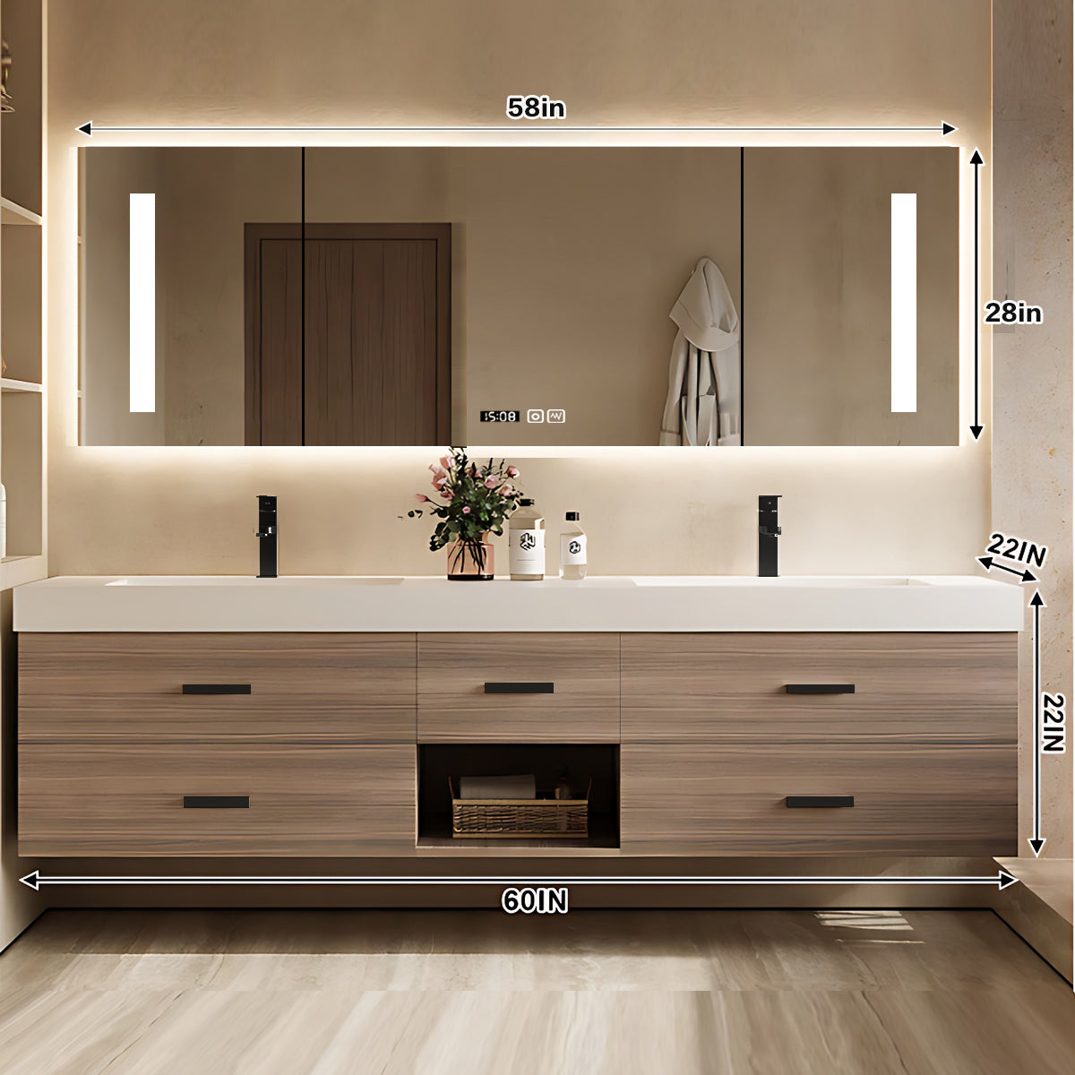 56"- 78" Floating Modern Bathroom Vanity with Double Sinks and LED Sma ...