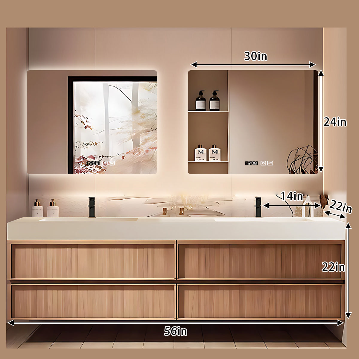 56"- 78" Floating Double Ceramic Sink With Led Lighting Smart Mirror ...