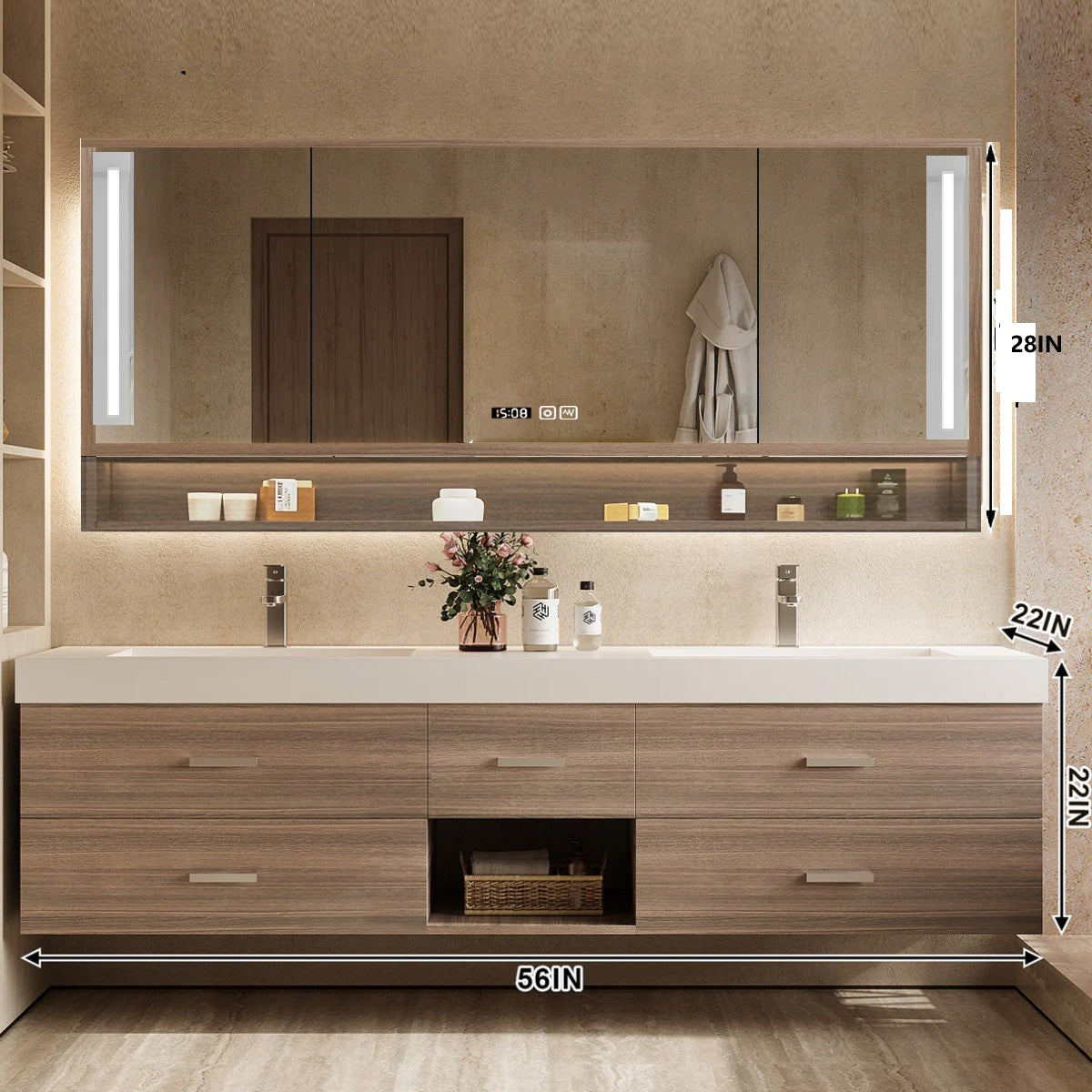 56"- 78" Floating Modern Bathroom Vanity with Double Sinks and LED Sma ...