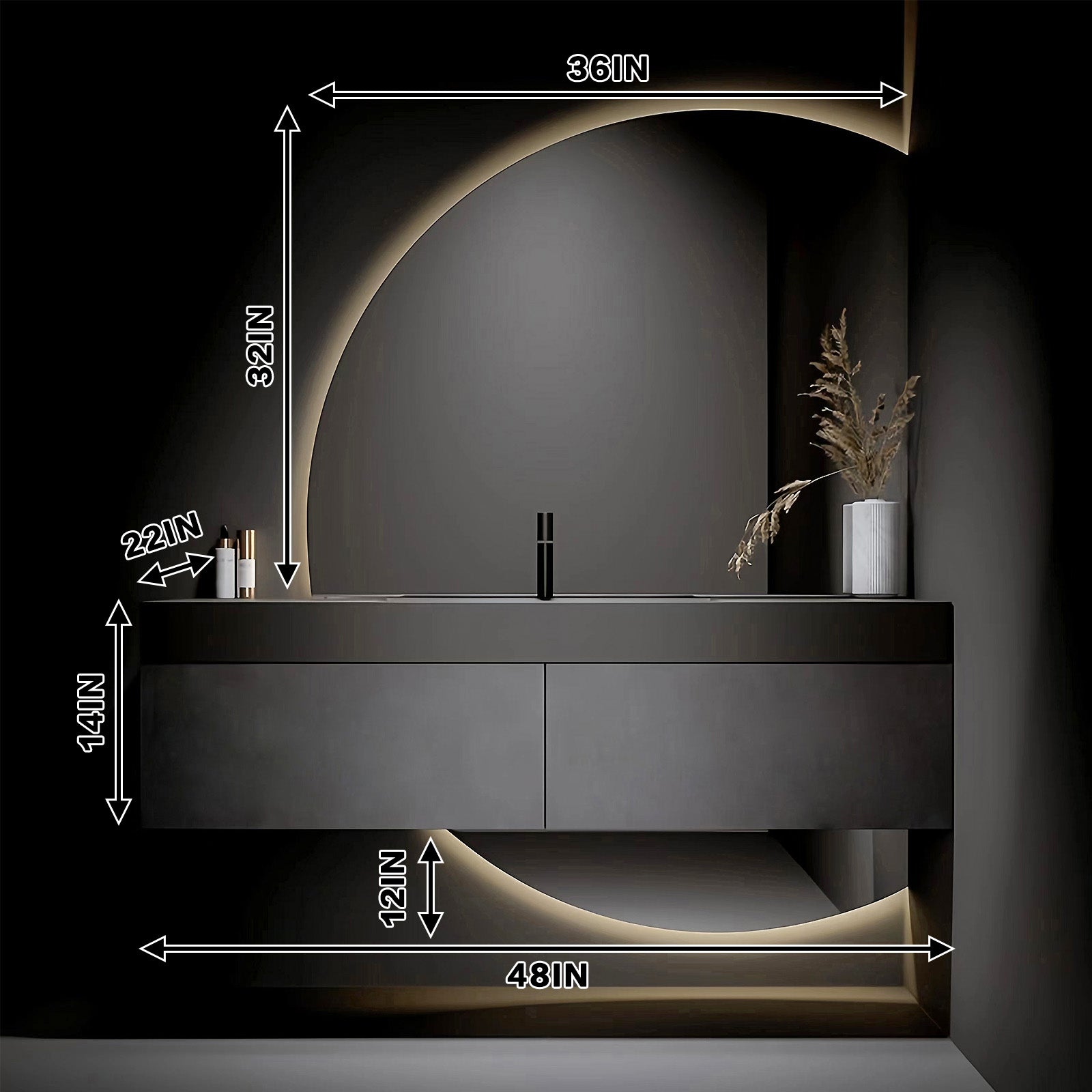 40"- 60" Wall Mounted With Single Sink and Faucet Round Mirror – High QLO