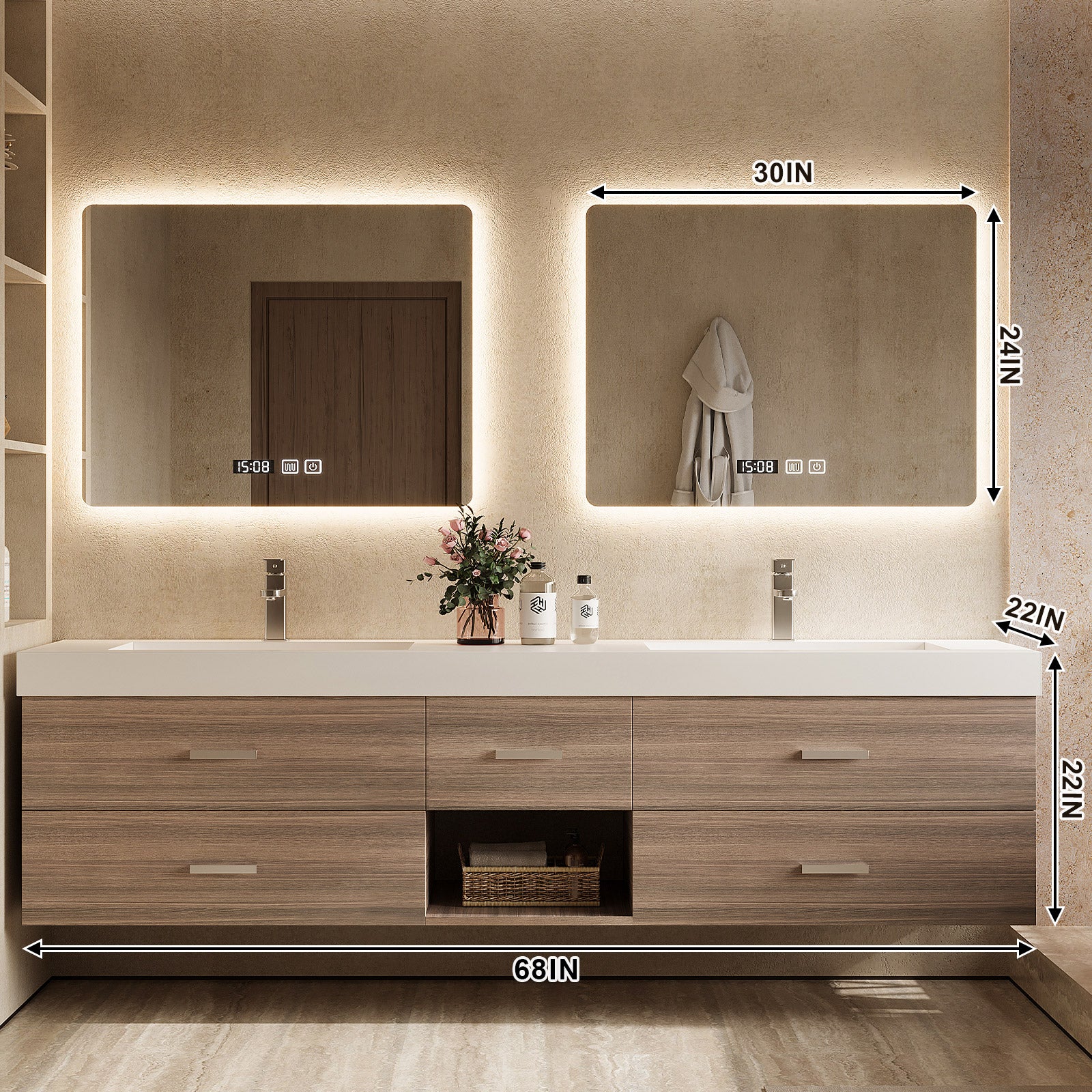 56"- 78" Floating Modern Bathroom Vanity with Double Sinks and LED Sma ...