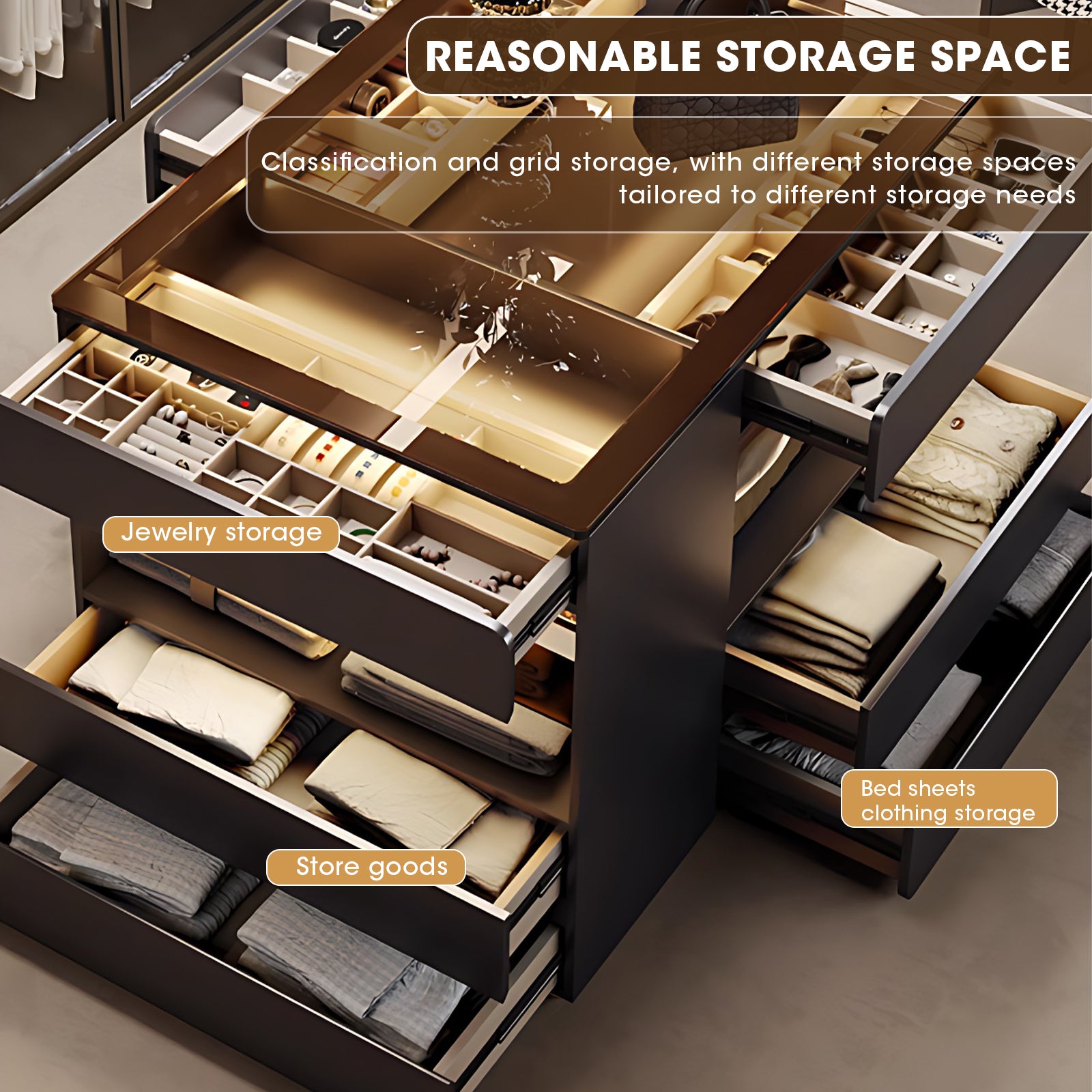Luxurious Closet Island With Glass Top And Jewelry Storage,Black Simpl ...