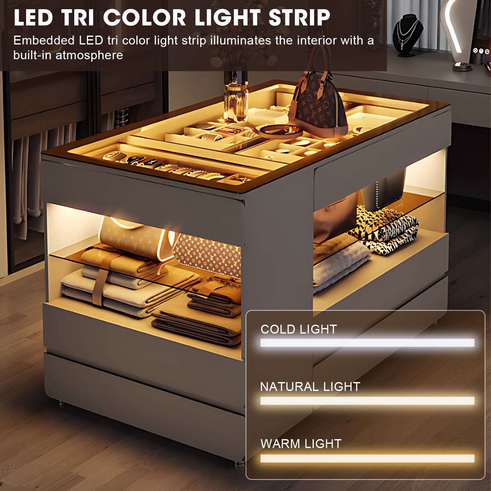 Closet Island with LED Mood Light,Glass Top Island with Jewelry Storag ...