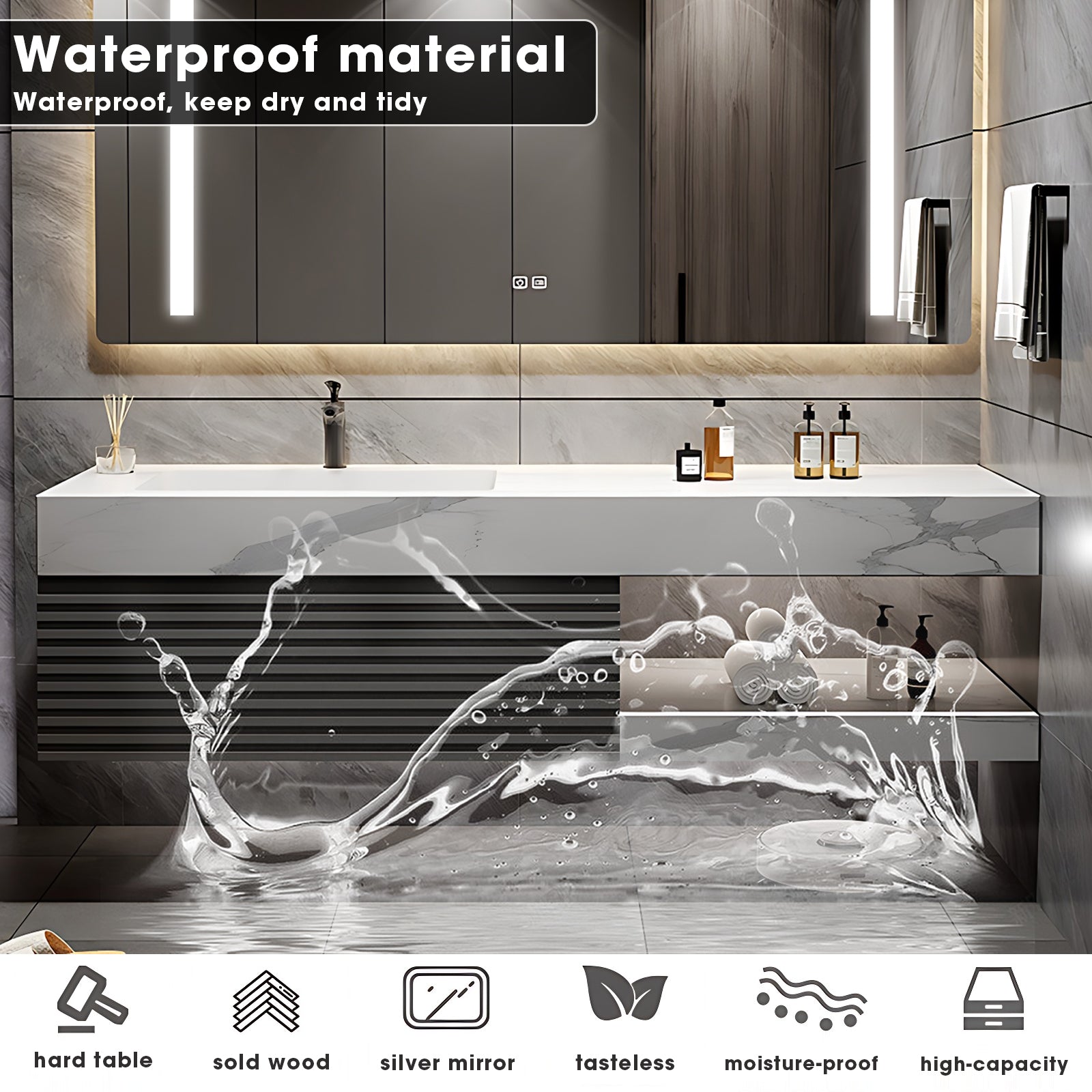 40"- 72" Floating Bathroom Vanity Set with Illuminated Mirror and Sink ...