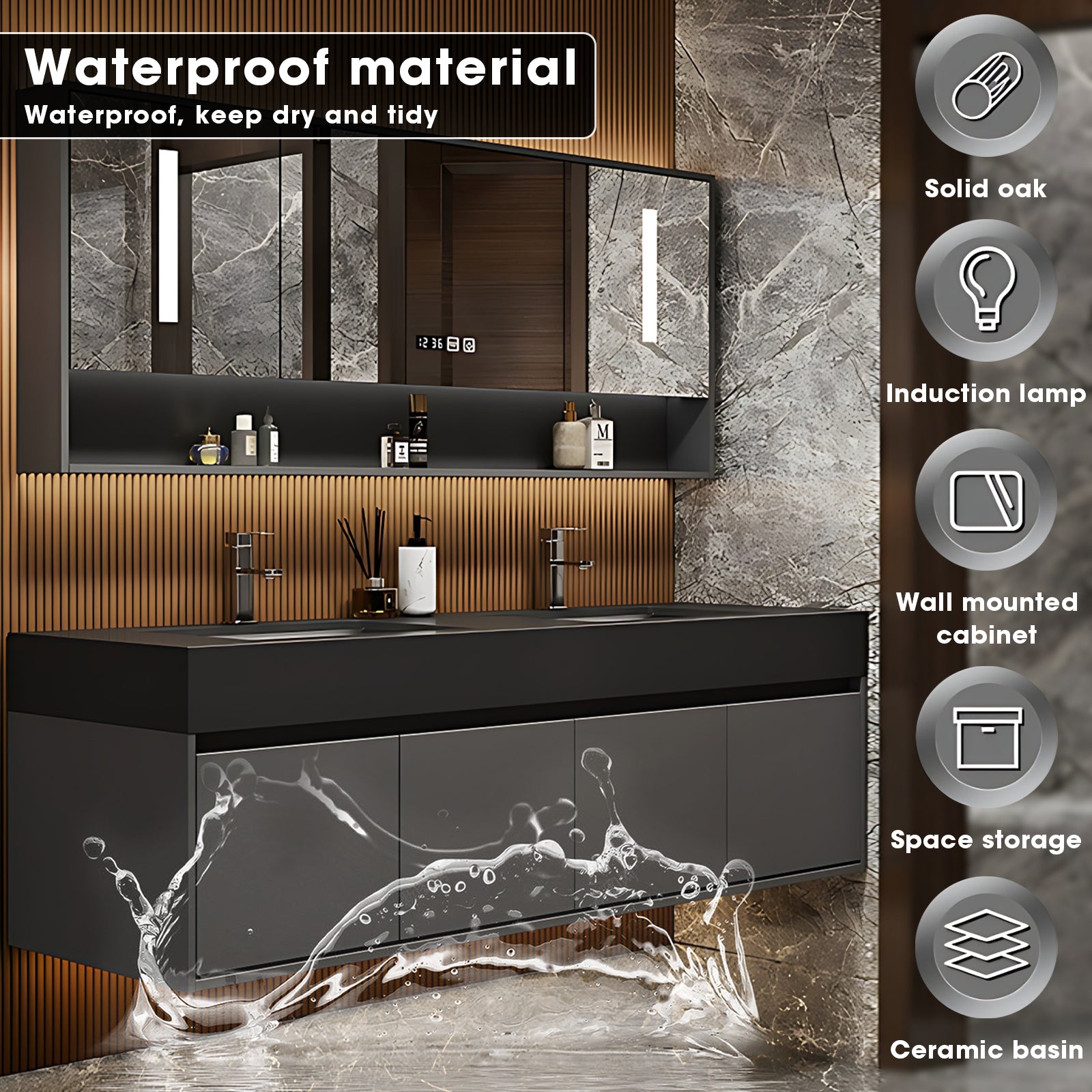 52"- 78" Double Basin Vanity Set with Intelligent LED Defogging Mirror ...