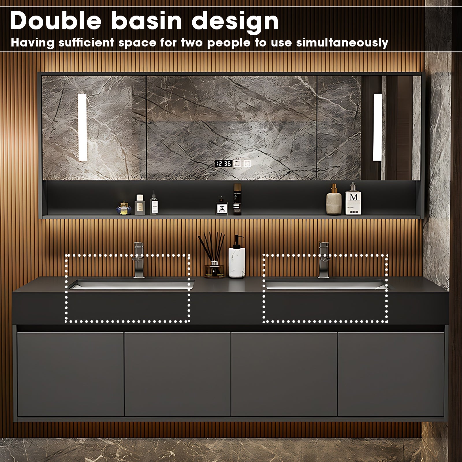 52"- 78" Double Basin Vanity Set with Intelligent LED Defogging Mirror ...