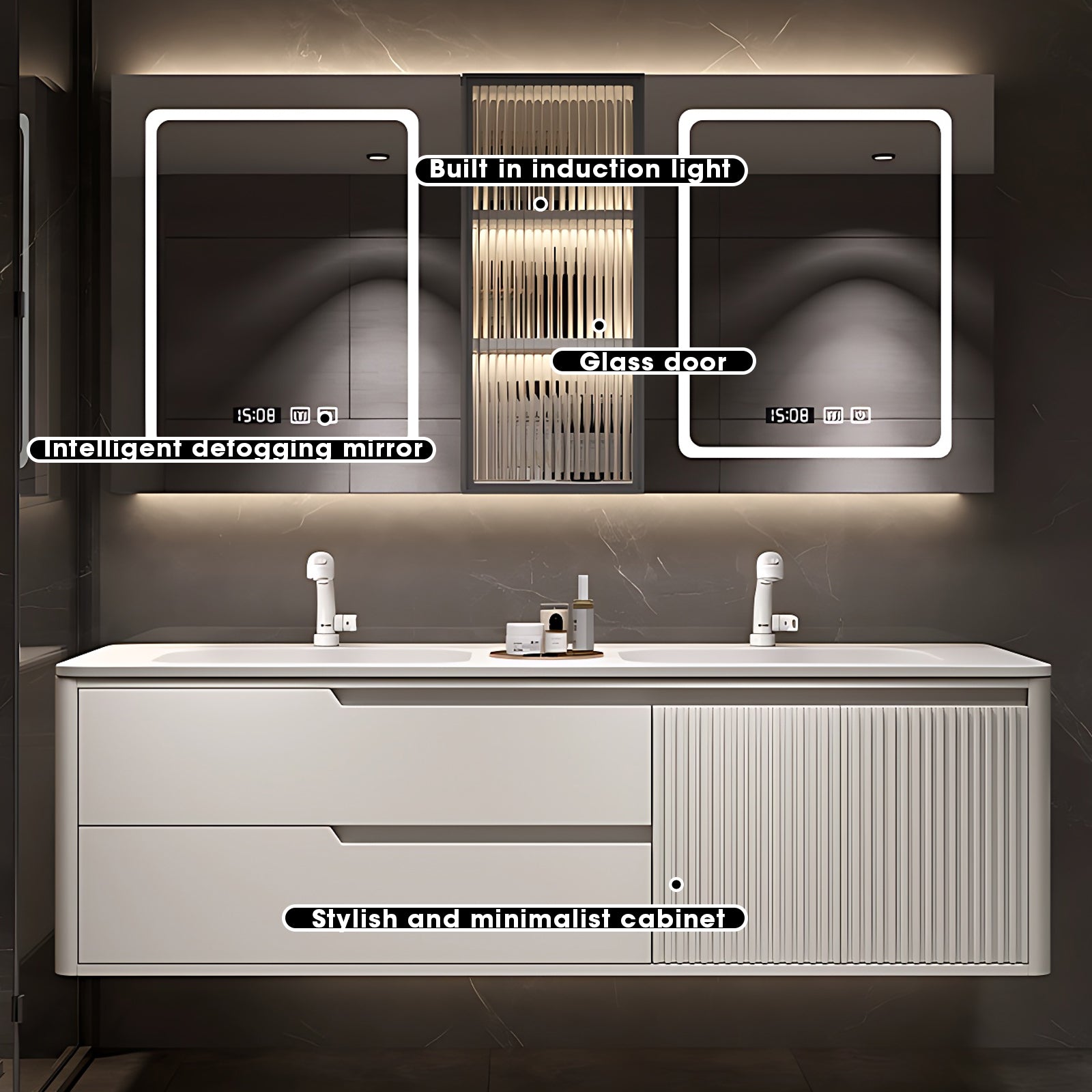 52"- 78" Double Sink Bathroom Cabinets Set with LED Defogging Mirror ...