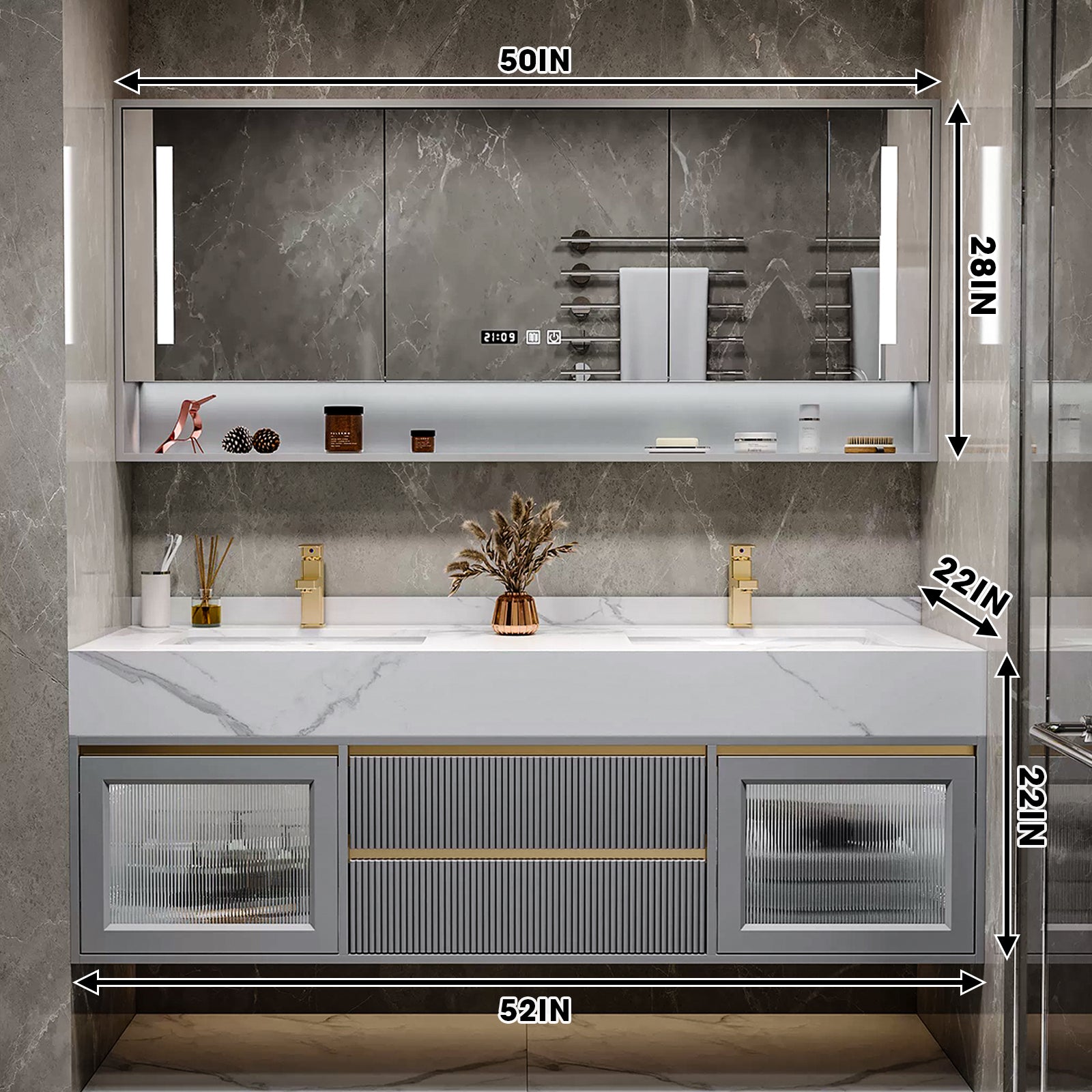 36"- 78" Floating Grey Bathroom Vanity Set with Ceramic Basin and Smar ...