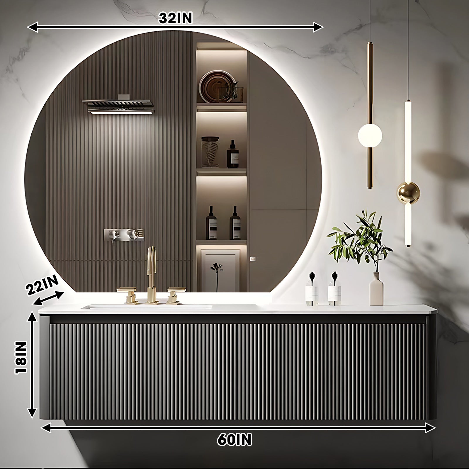 36"- 72" Floating Single Sink Bath Vanity Set with Defogging Round Mir ...