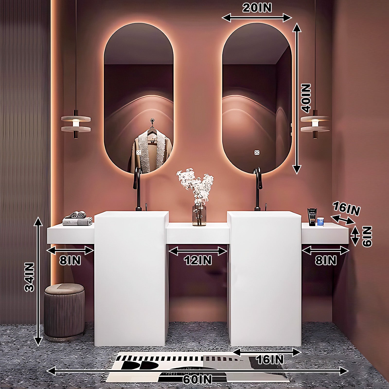 60"- 78" Freestanding Double Sink Bathroom Vanity Set with Oval Backli ...