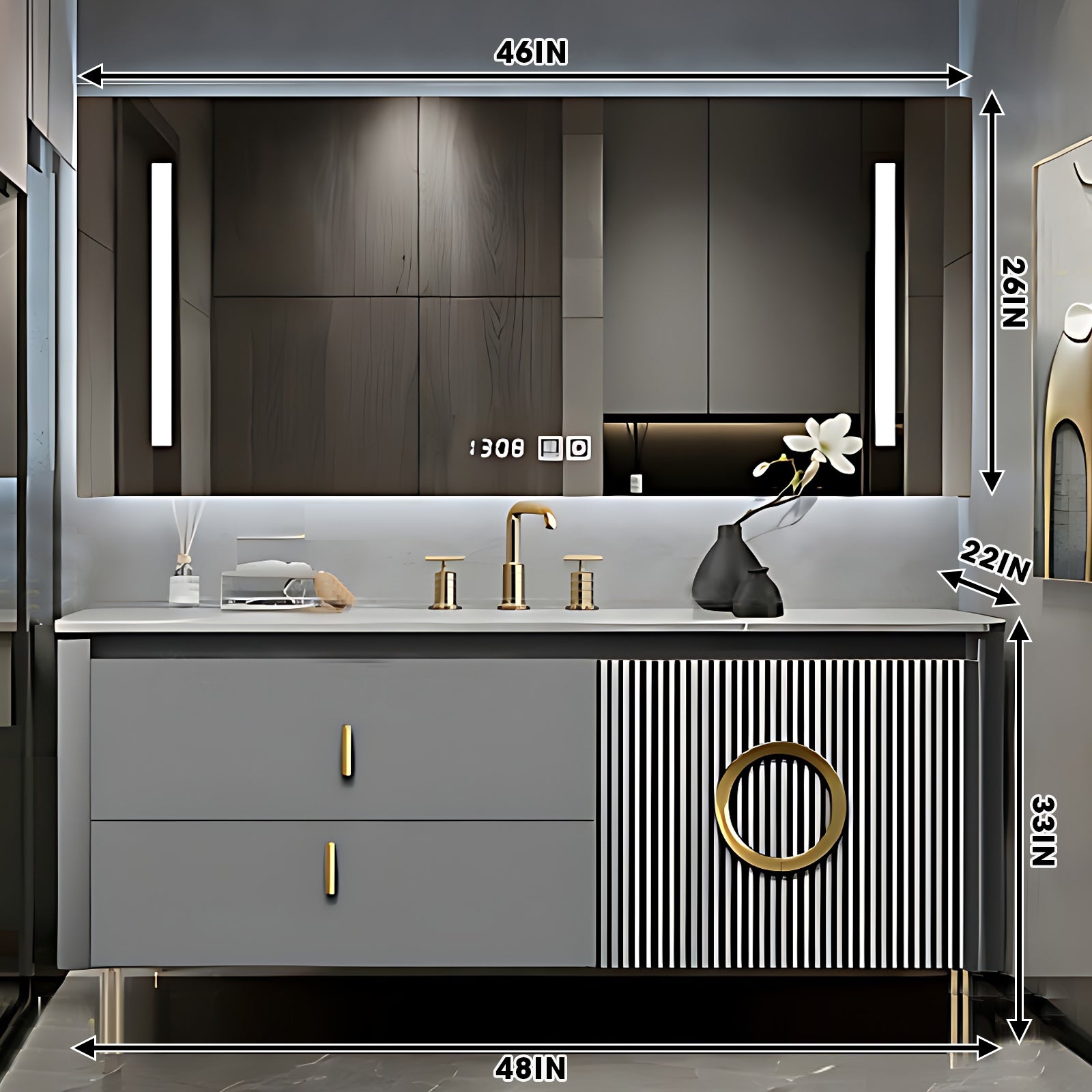 36"- 78" Modern Gray Freestanding Bath Vanity Set with LED Mirror Cabi ...