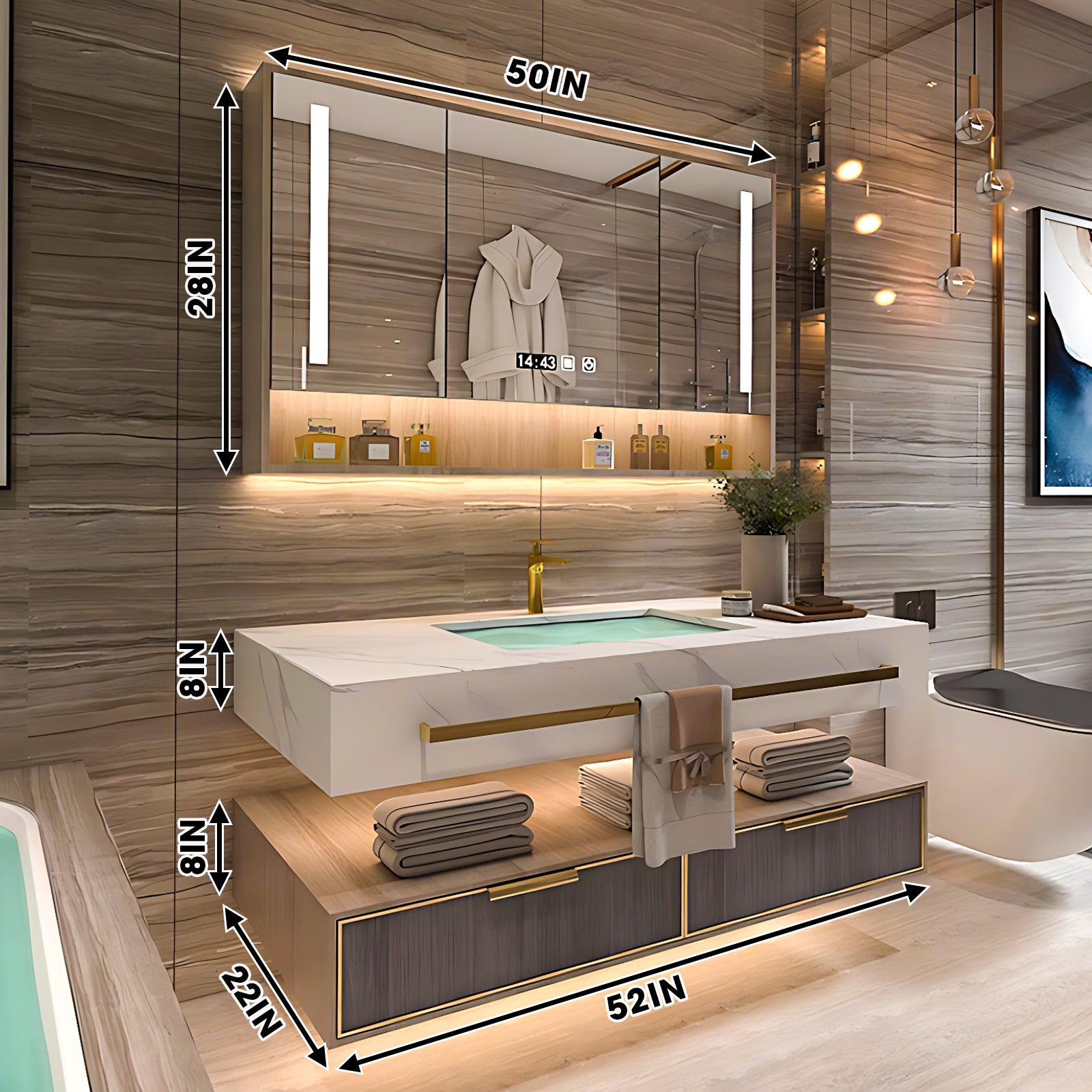 Open Storage Bathroom Vanity: 36"- 78" with LED Mirror Cabinet & Sink ...