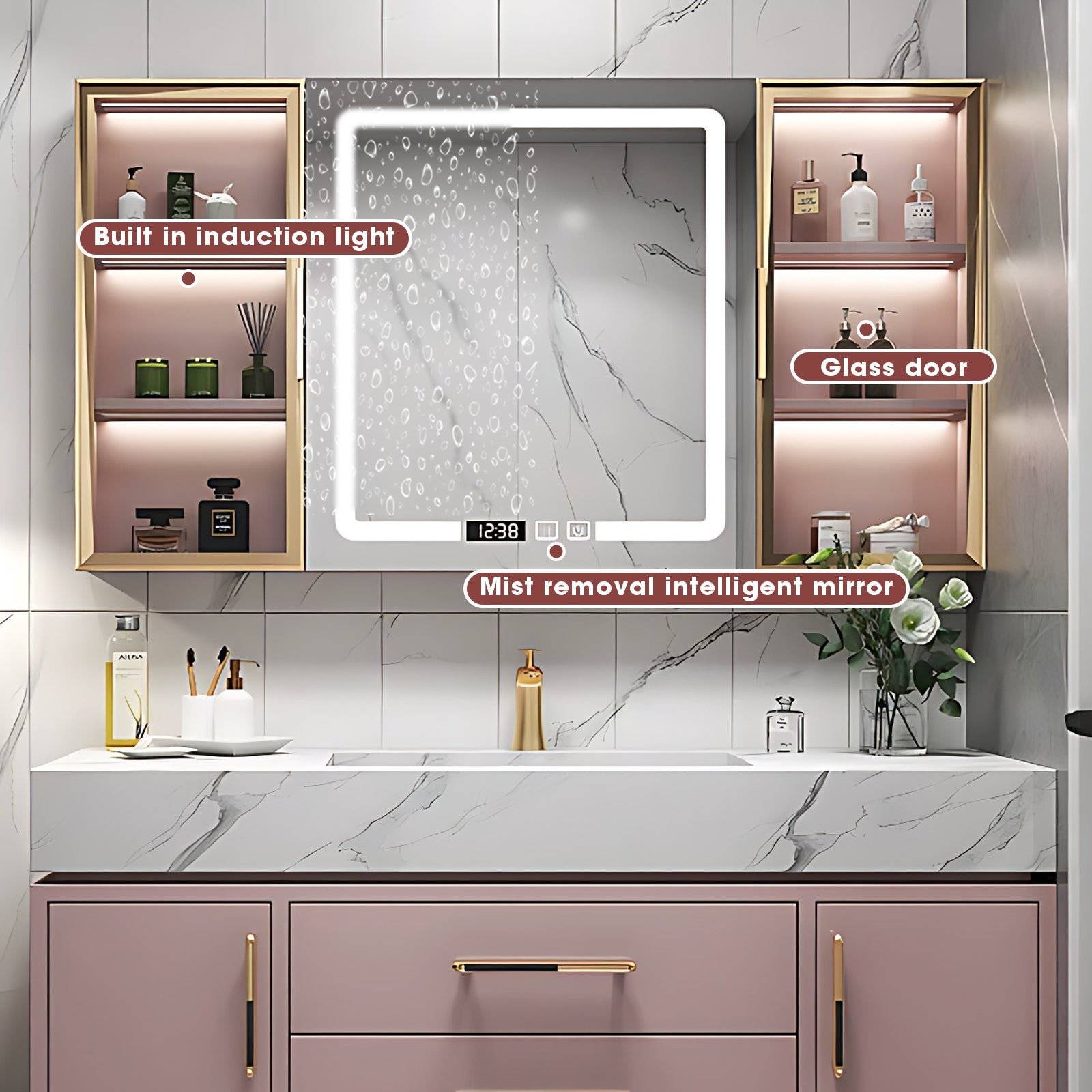 36"- 56" Pink Bath Vanity Set with Lighting Mirror Cabinet and Sink ...