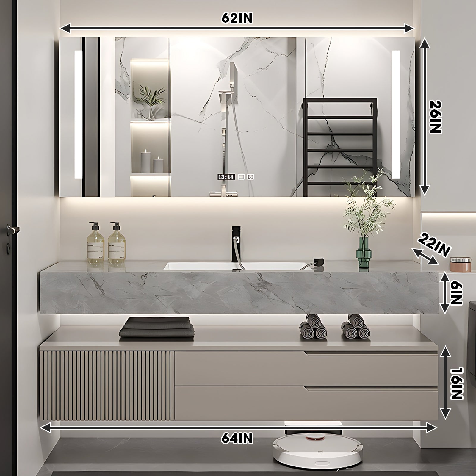 36"- 72" Single Basin Wall Mounted Bathroom Vanity Set with LED Defogg ...