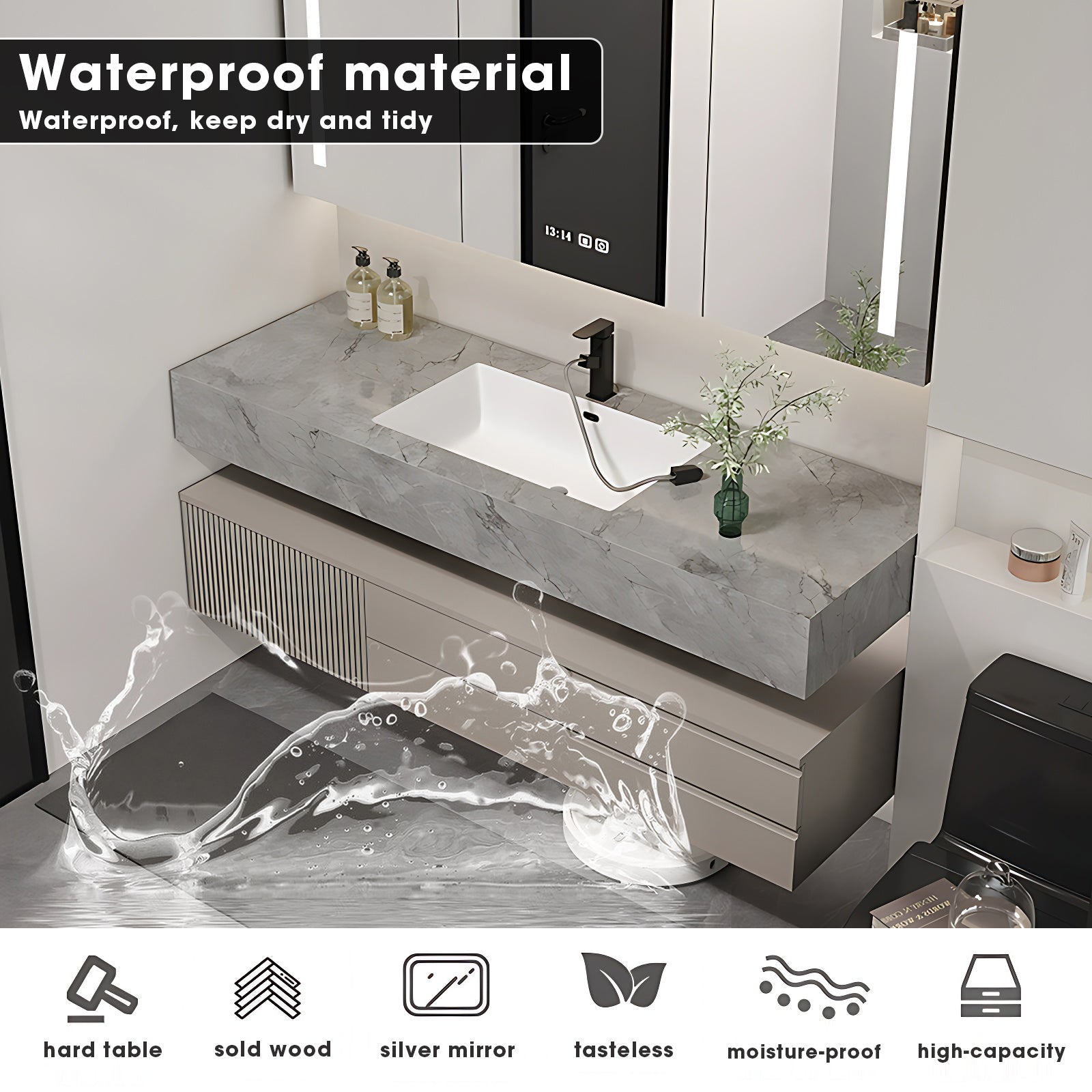 36"- 72" Single Basin Wall Mounted Bathroom Vanity Set with LED Defogg ...