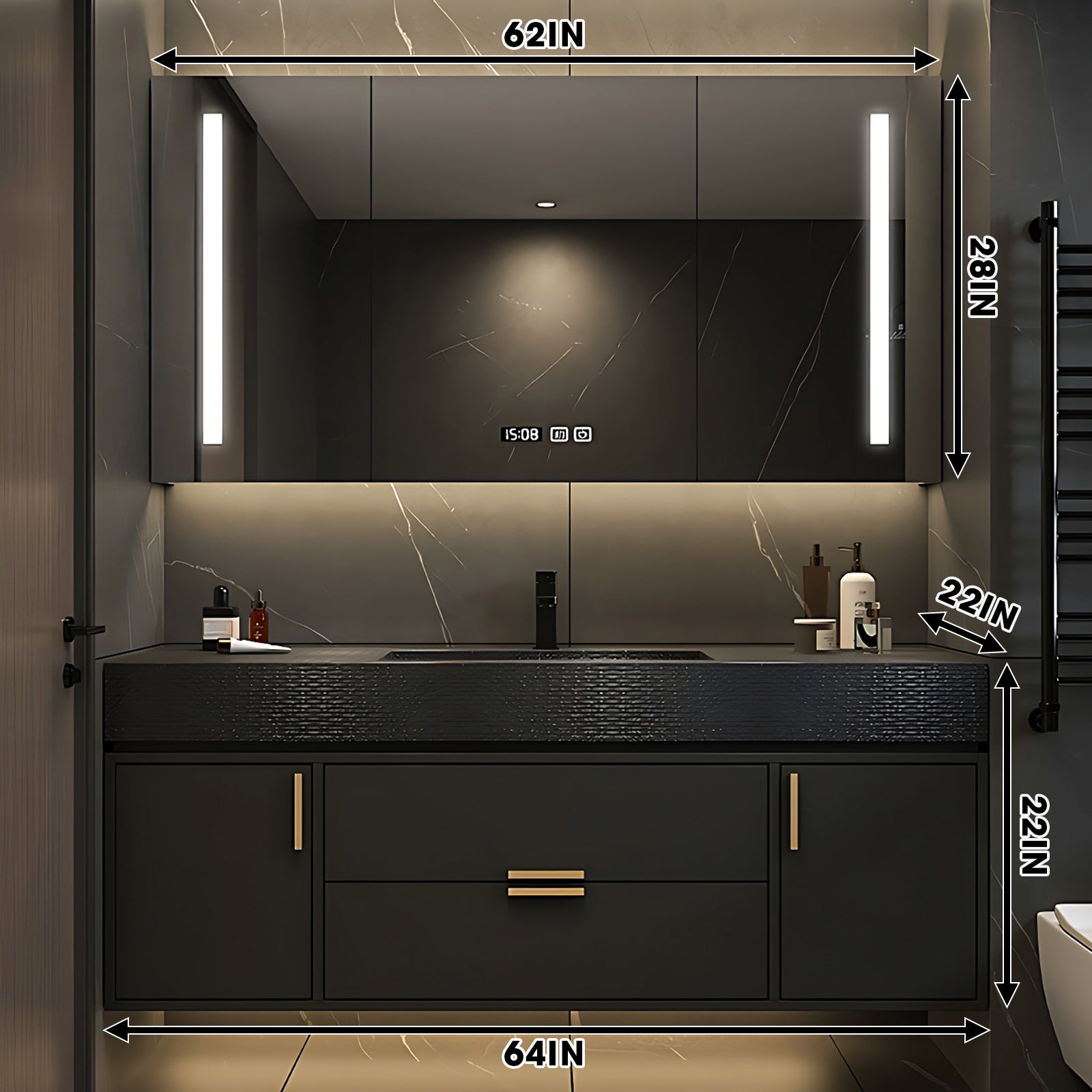 36"- 68" Single Sink Floating Black Bathroom Vanity Set with Smart LED ...
