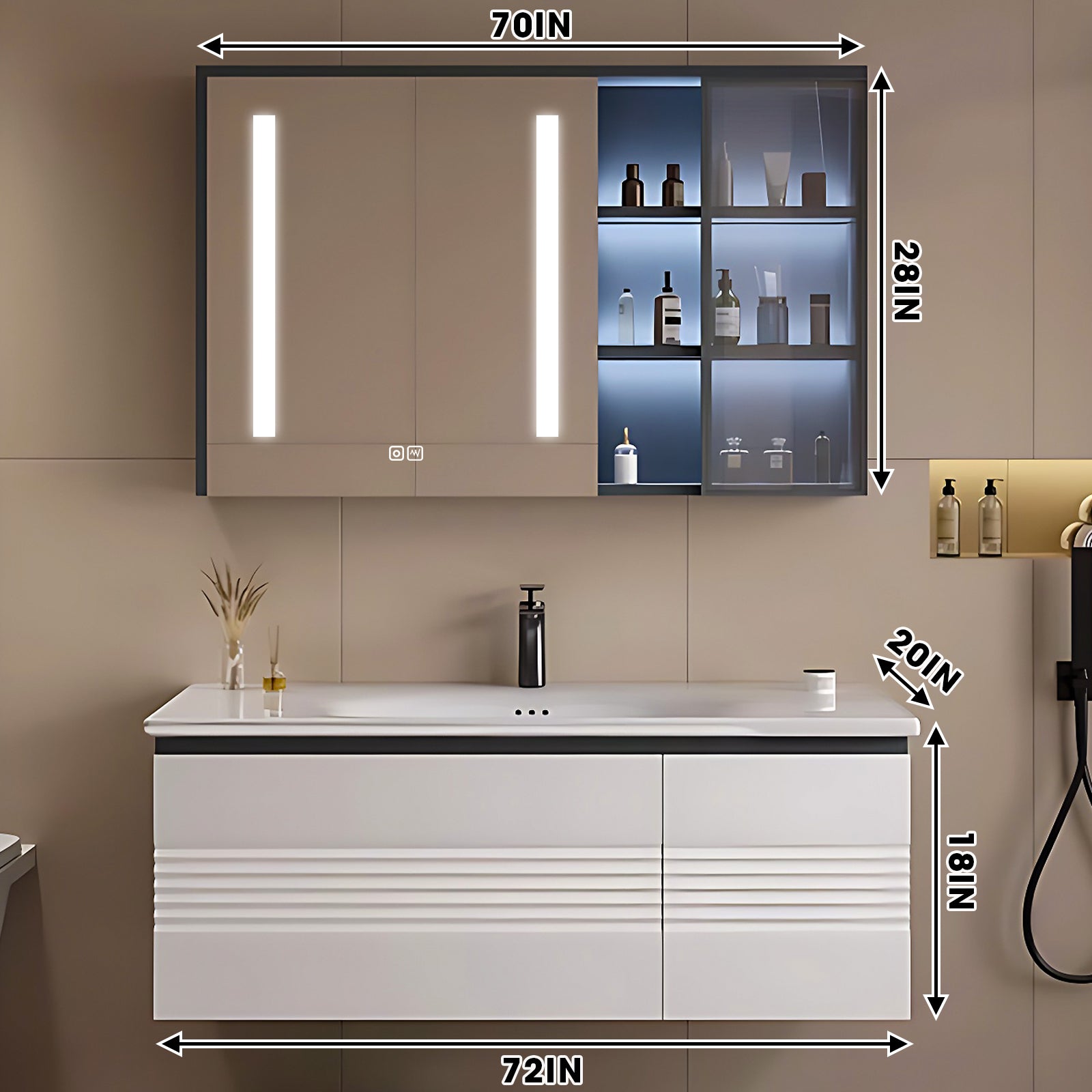 40"- 72" Single Wall Mounted Bath Vanity Set with LED Mirror Cabinet a ...