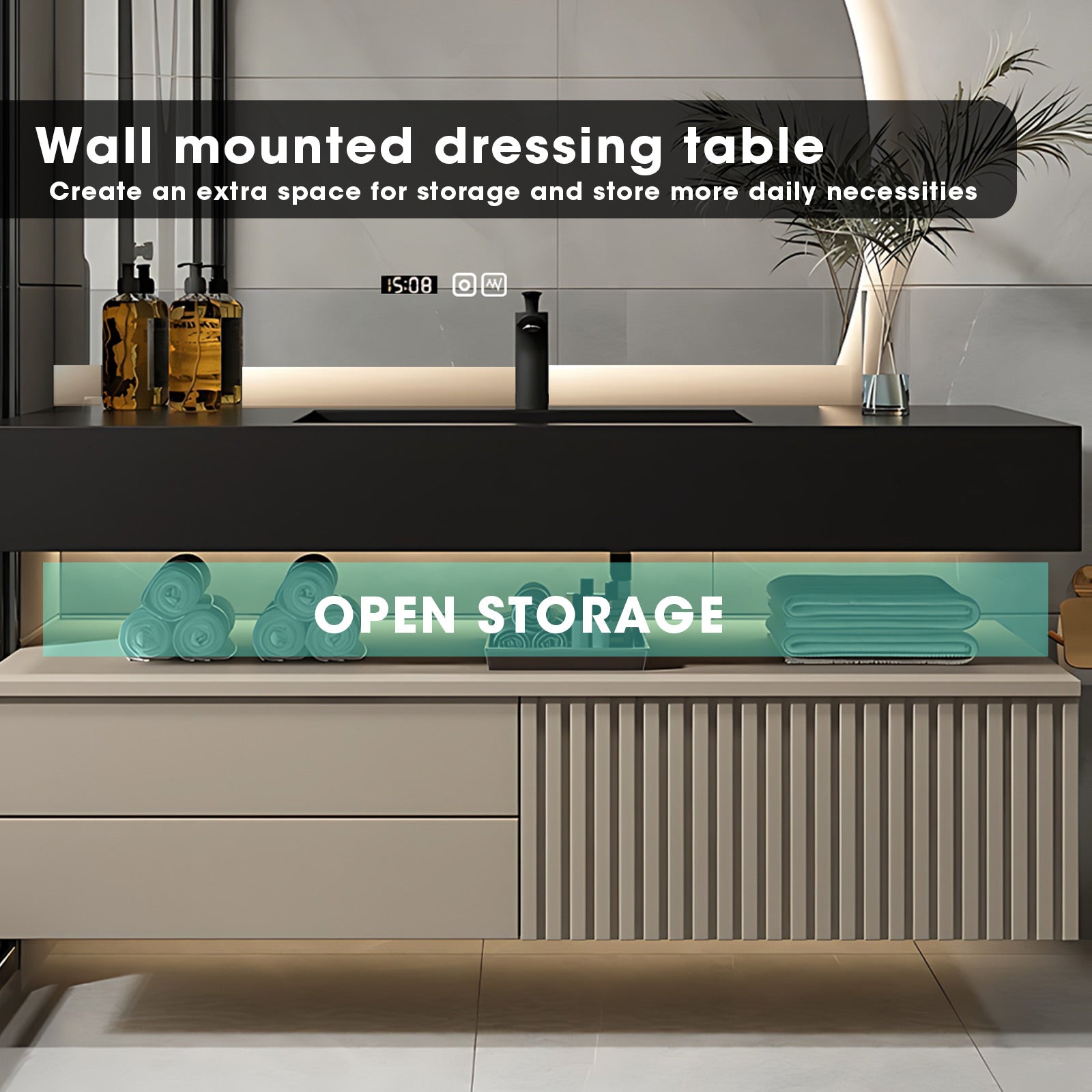 36"- 60" Wall Mounted Bathroom Vanity Set with LED Defogging Mirror an ...