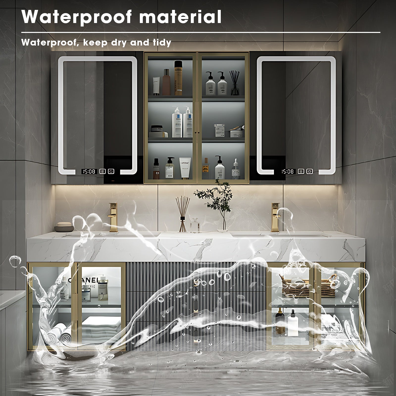 52"- 78" Wall Mounted Double Sink Bath Vanity Set with Defogging Mirro ...