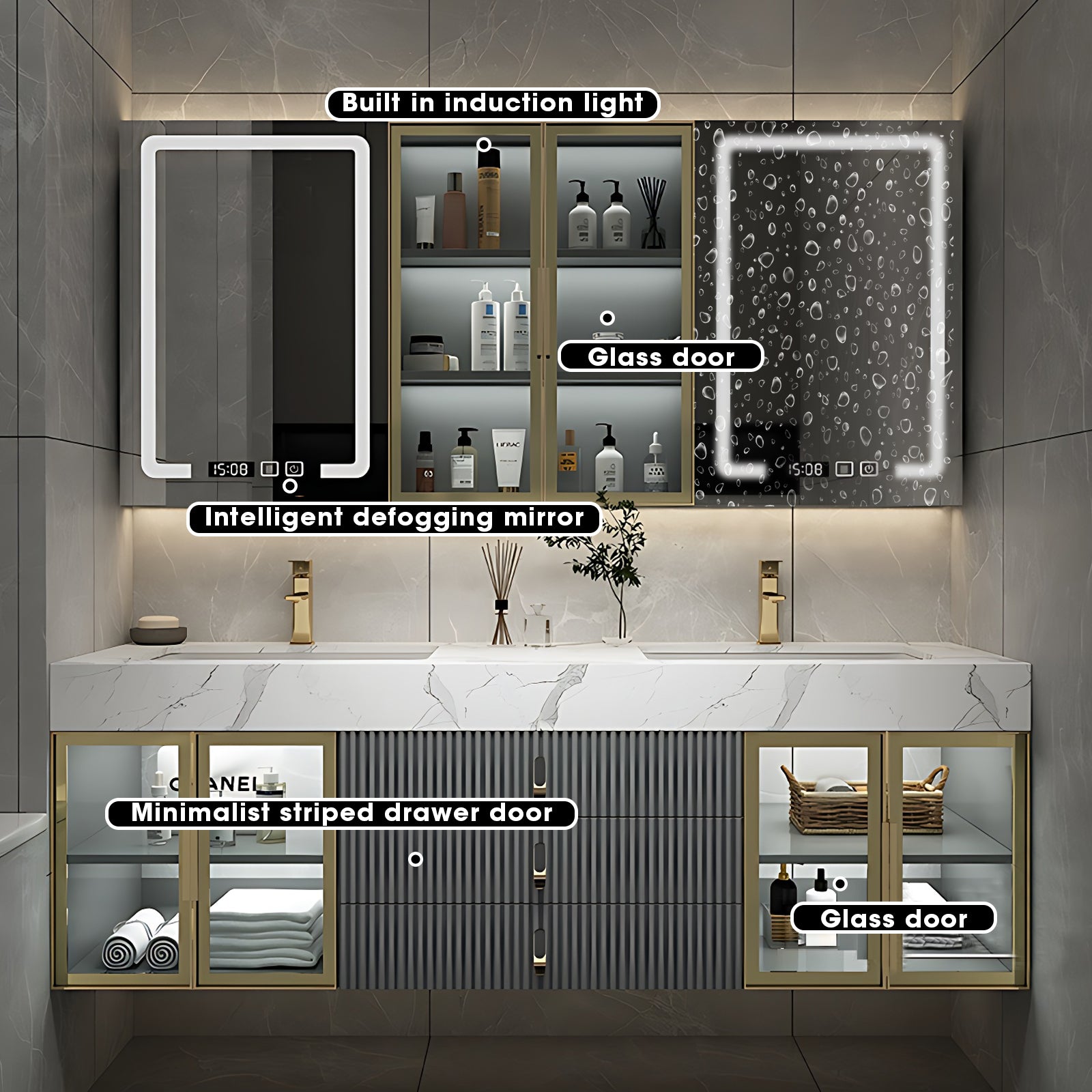 52"- 78" Wall Mounted Double Sink Bath Vanity Set with Defogging Mirro ...