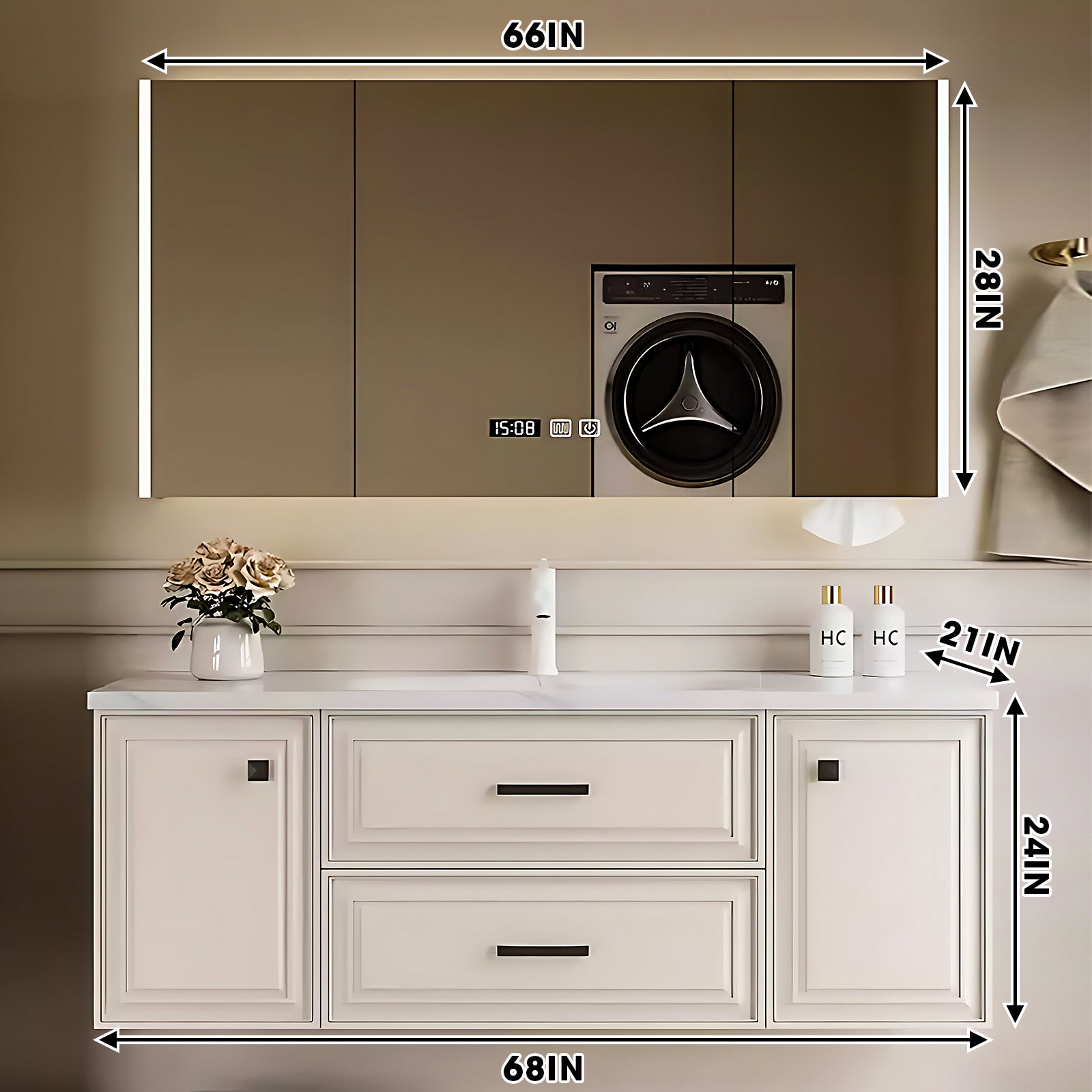 40"- 72" White Floating Bathroom Vanity Set with Drawers, Mirror Cabin ...