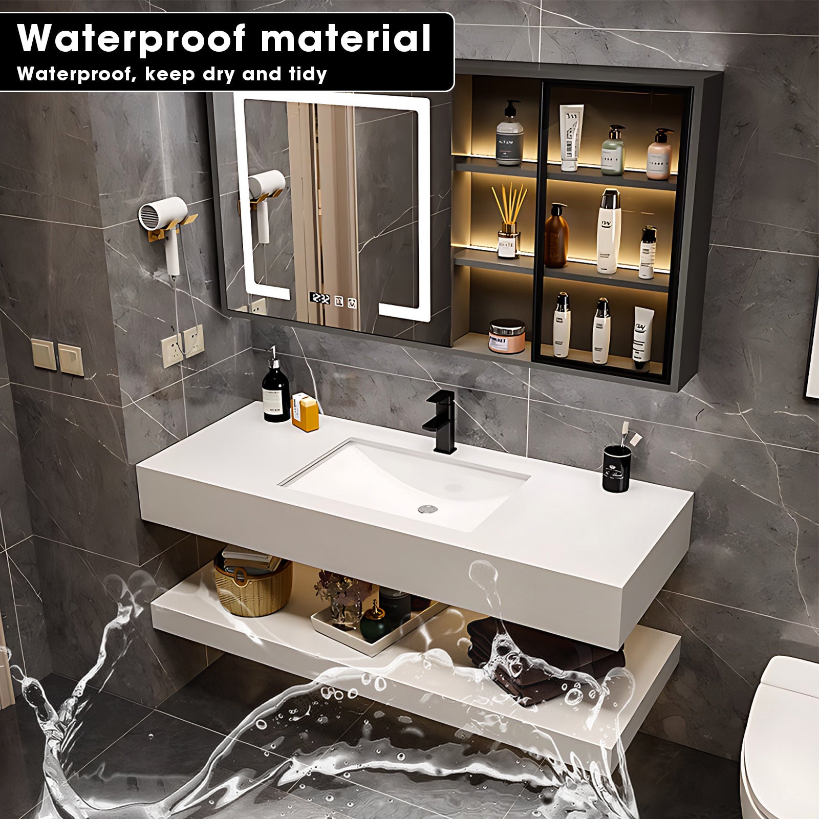 36"- 52" White Solid Wood Bath Vanity Set with LED Defogging Mirror an ...