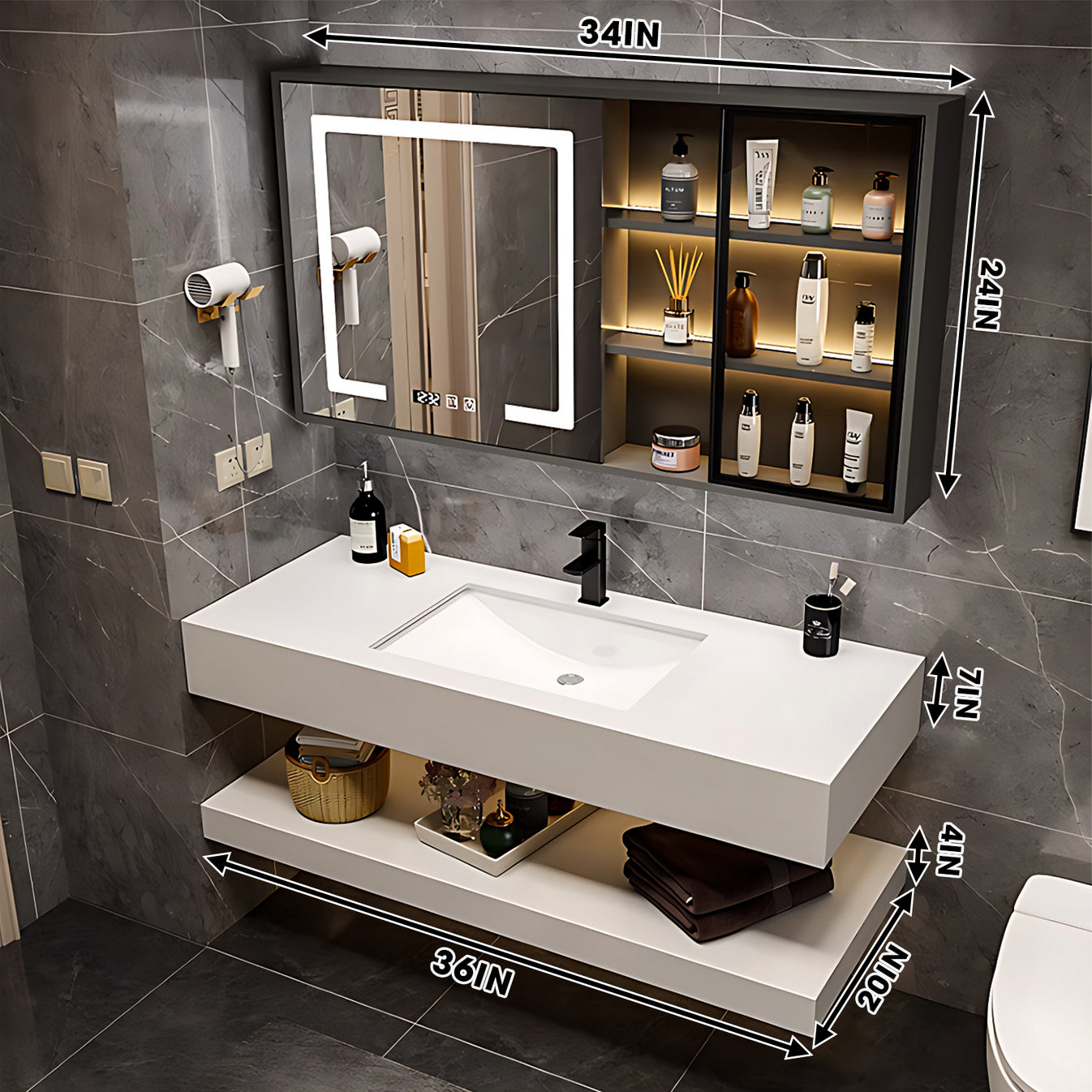 36"- 52" White Solid Wood Bath Vanity Set with LED Defogging Mirror an ...