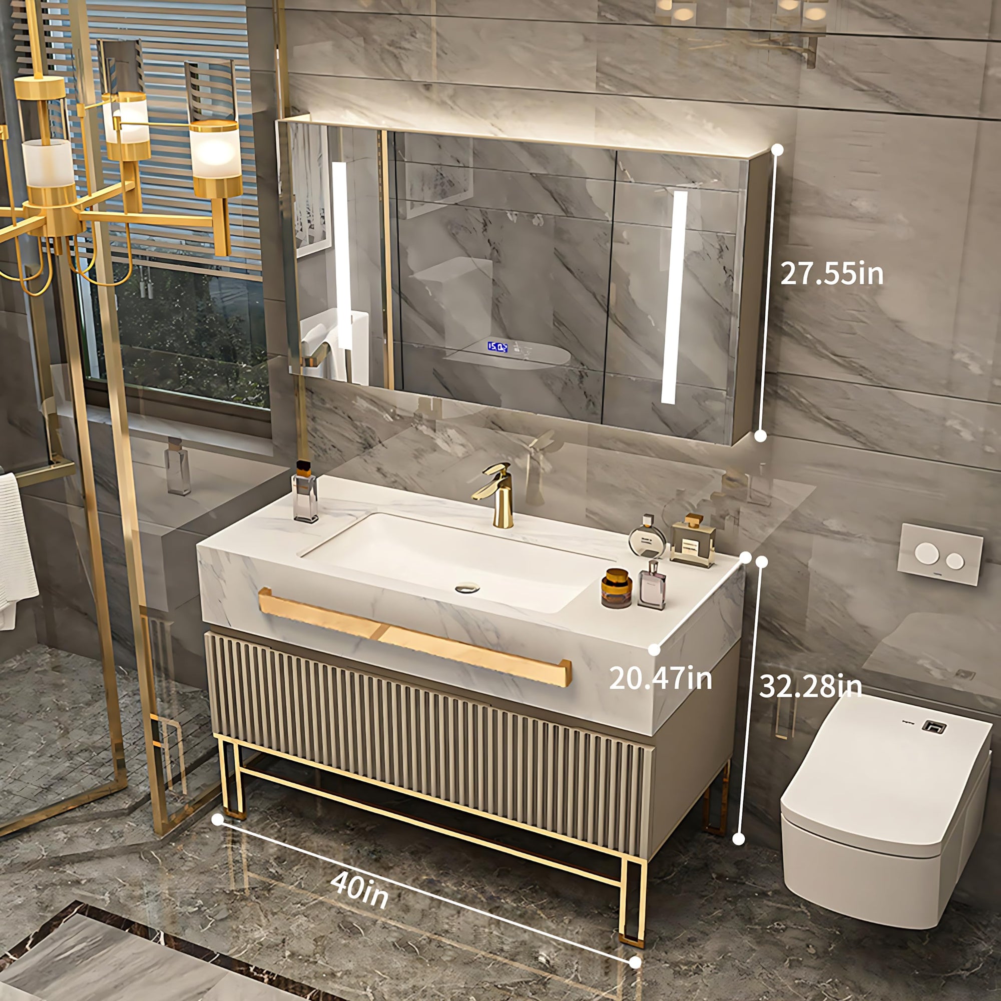 36"- 48" Freestanding Gold Bathroom Vanity Set with Smart LED Light Ca ...