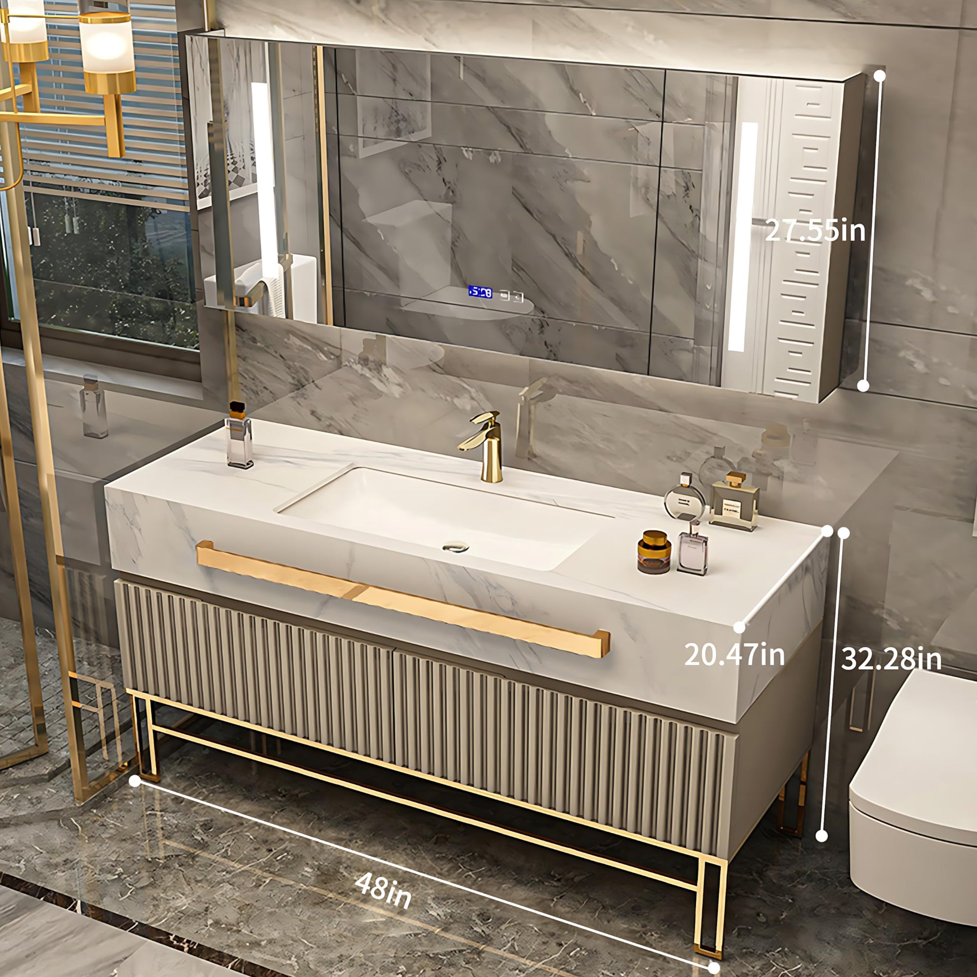 36"- 48" Freestanding Gold Bathroom Vanity Set with Smart LED Light Ca ...