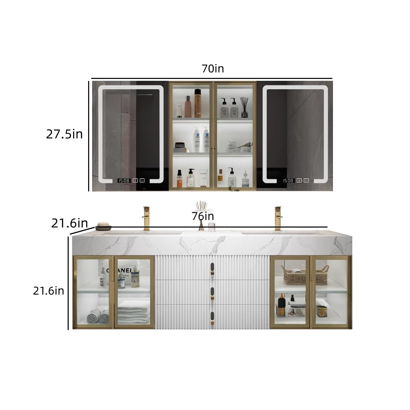 76" Pink Double Sink Bathroom Vanity Set with LED Mirror – High QLO