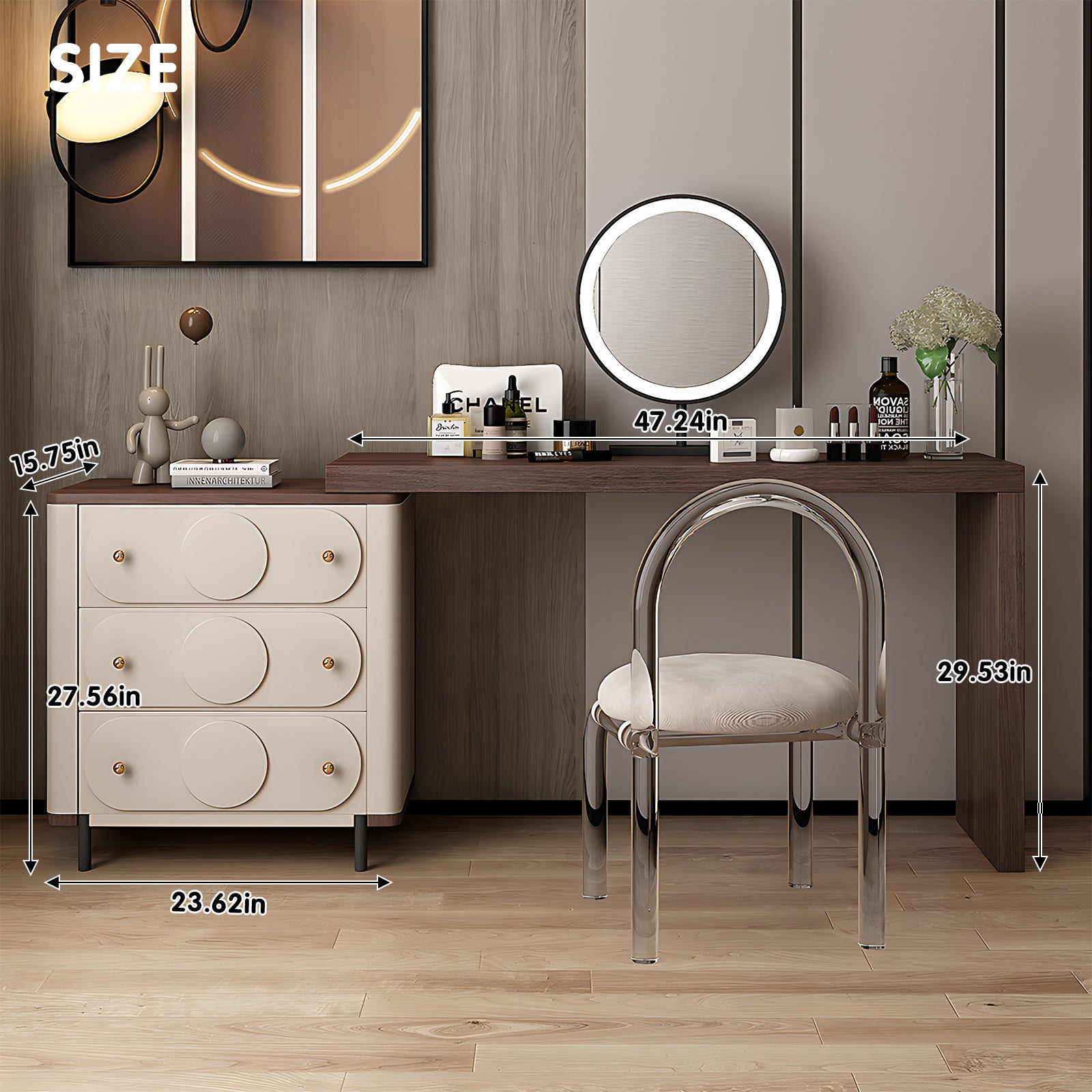 Solid Wood Makeup Vanity Set with Unique Circular-Patterned Design ...