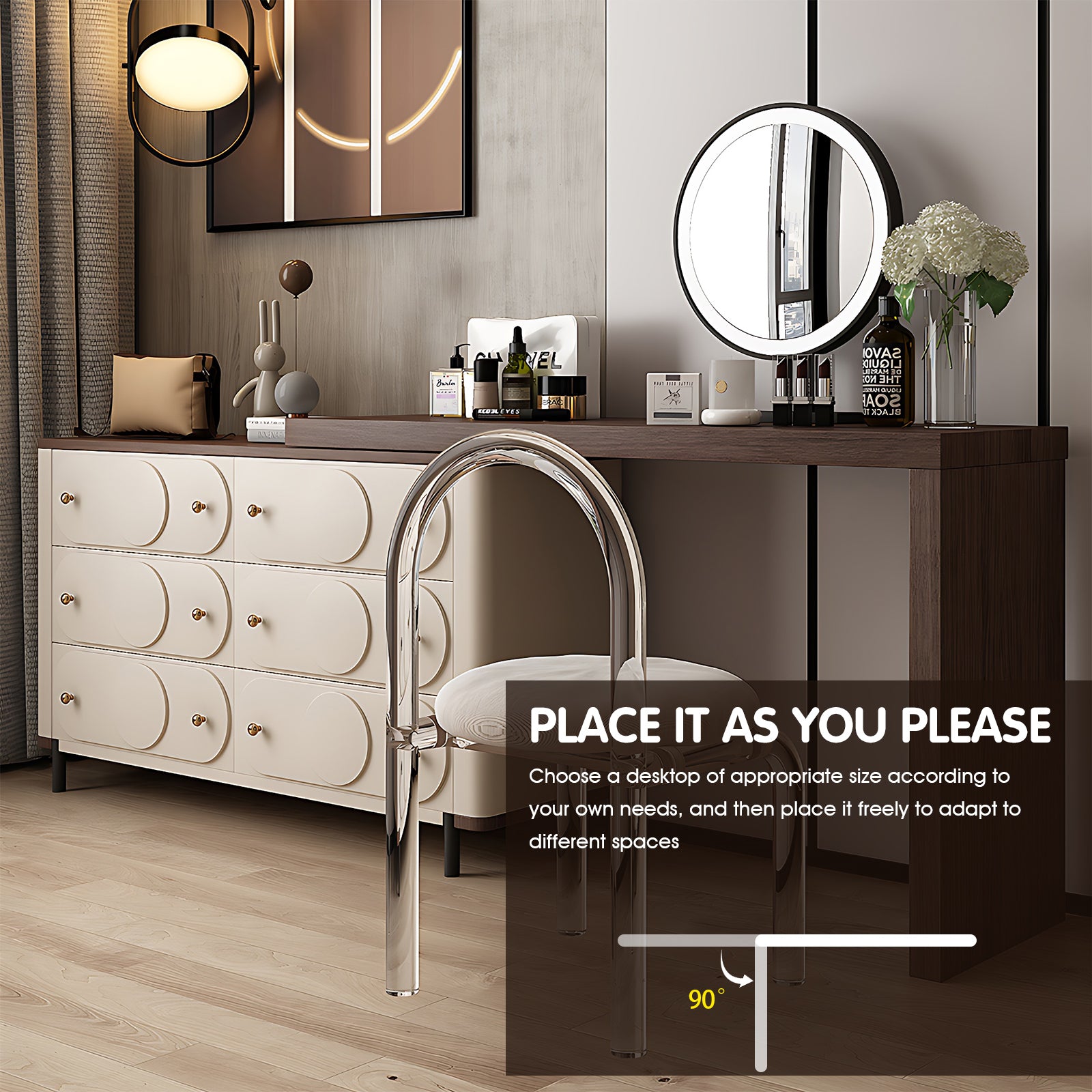 Solid Wood Makeup Vanity Set with Unique Circular-Patterned Design ...