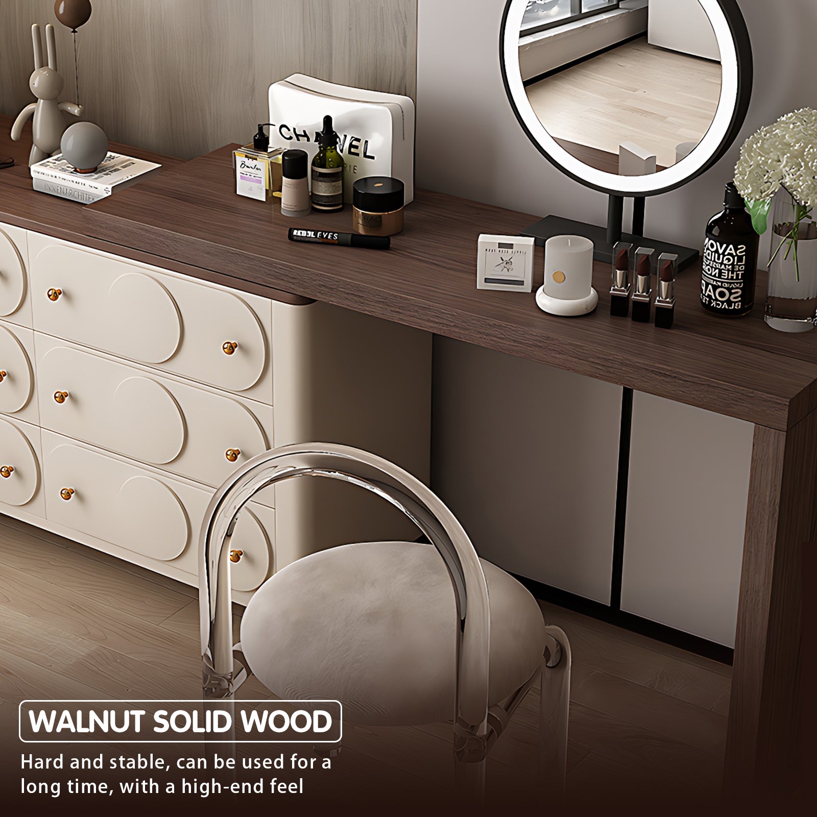 Solid Wood Makeup Vanity Set with Unique Circular-Patterned Design ...