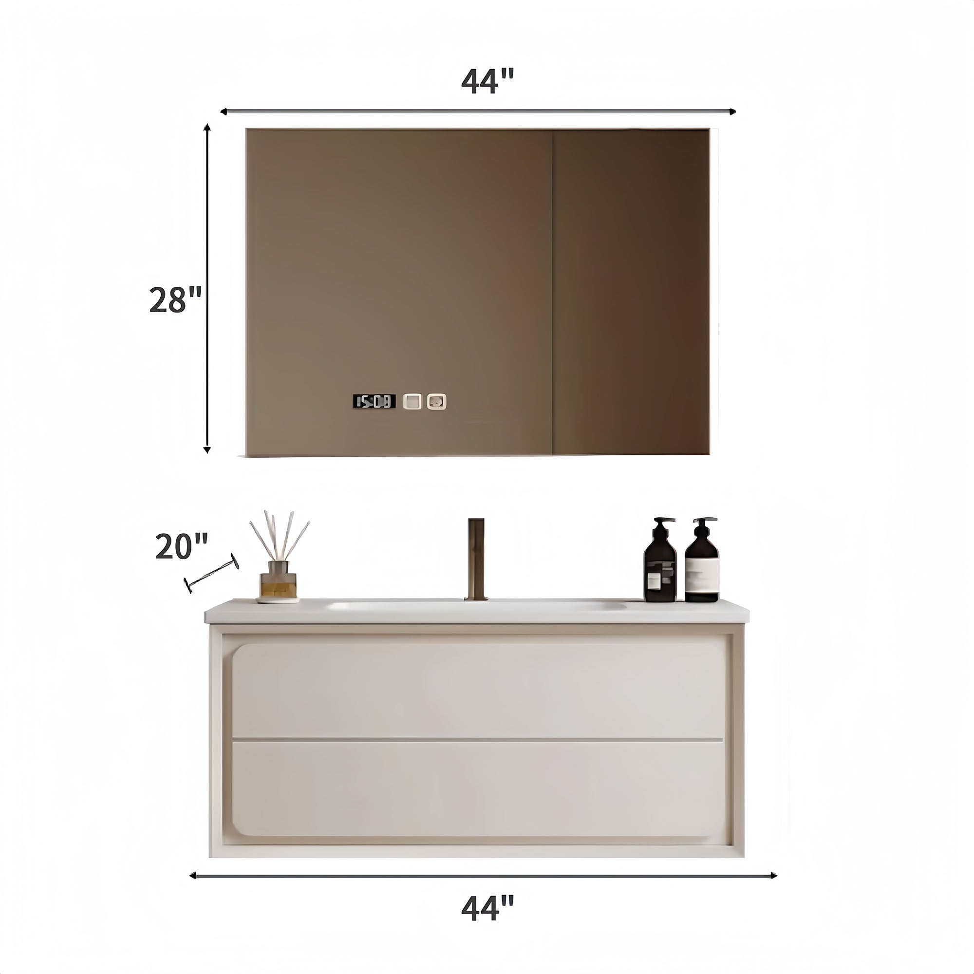 36"- 64" White Floating Bathroom Vanity Set with Defogging Mirror & Si ...